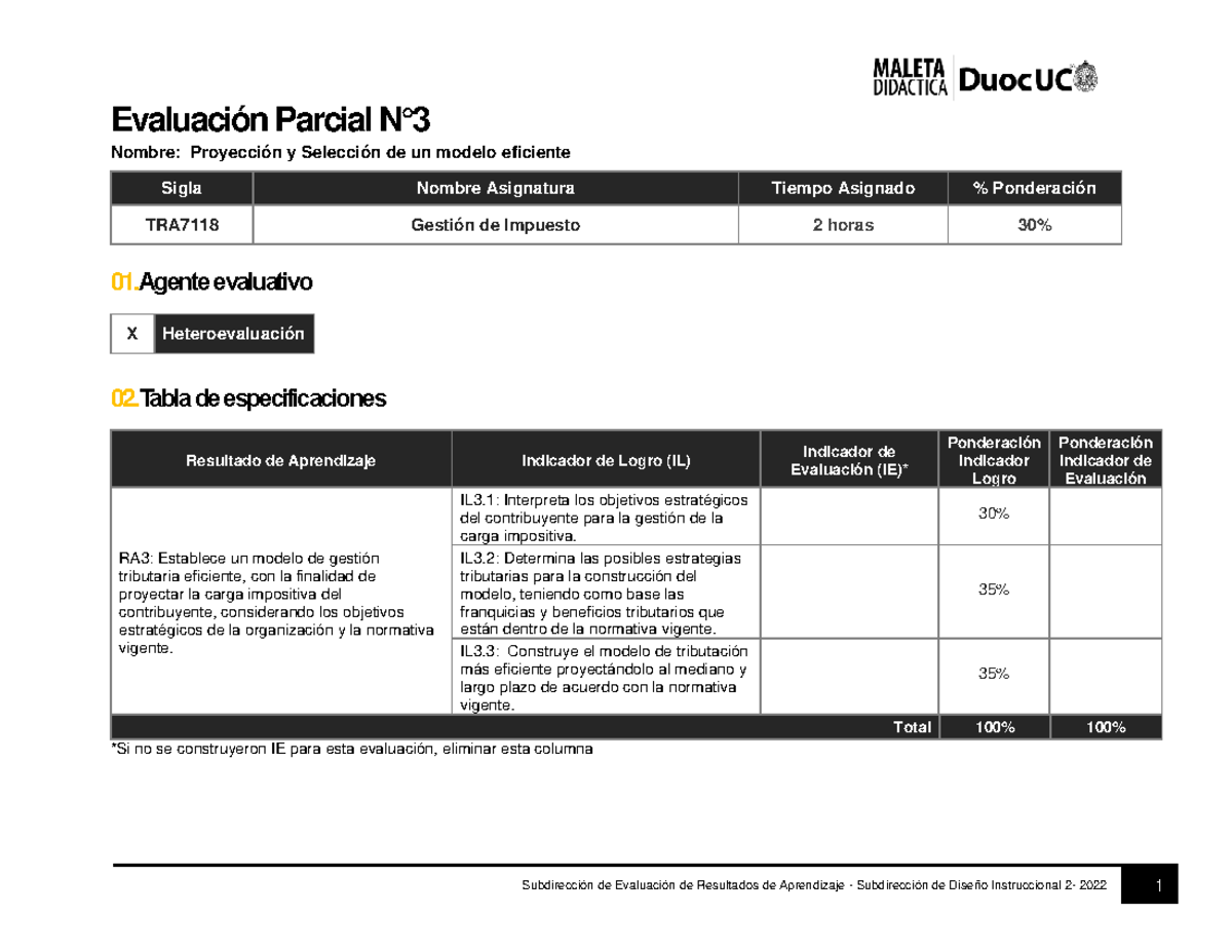 Ev. Parcial 3 TRA7118 Docente - Evaluación Parcial N° 3 Nombre: Proyección y Selección de un ...