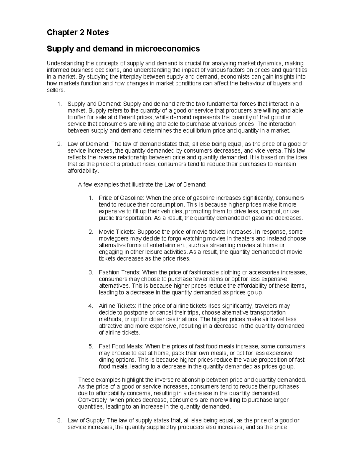 Chapter 2 Supply and Demand Notes - Chapter 2 Notes Supply and demand ...