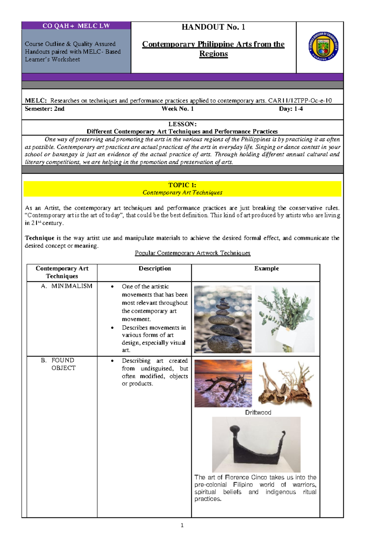 Contempo Q2 Week 1 Handout - CO QAH + MELC LW HANDOUT No. 1 Contemporary Philippine Arts from ...