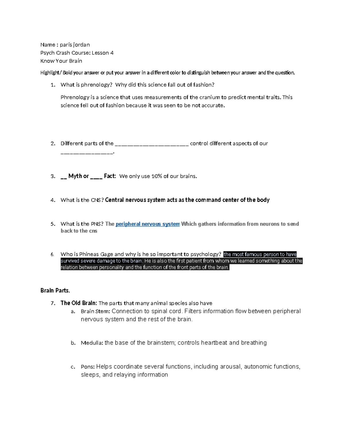 Crash Course Know Your Brain - Name : paris jordan Psych Crash Course ...
