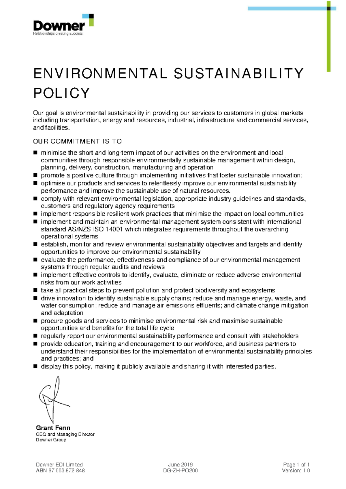 Environmental Sustainability Policy - Downer EDI Limited ABN 97 003 872 ...