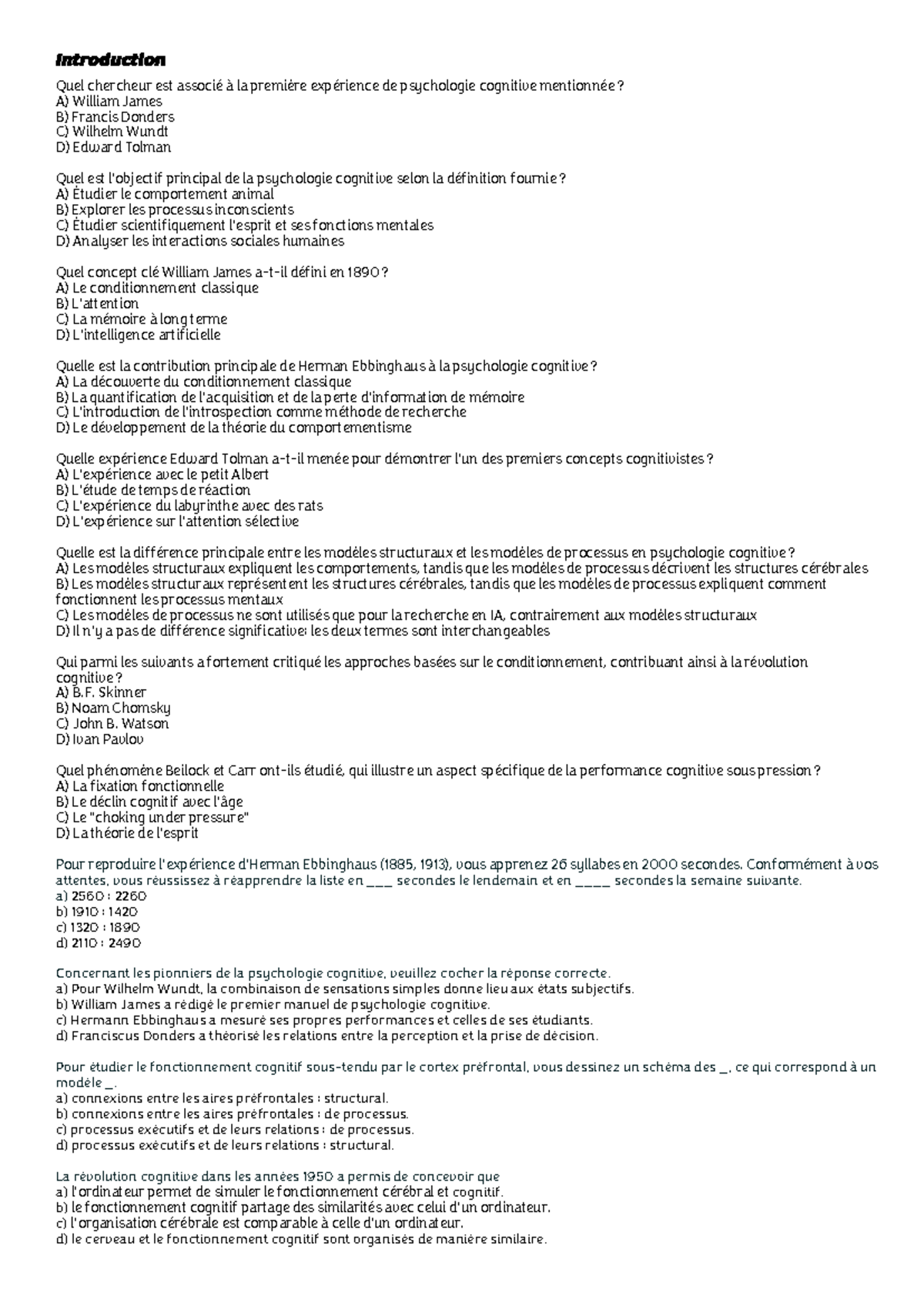 Qcm cognitif - questions d'ensemble sur le cours - Introduction Quel ...