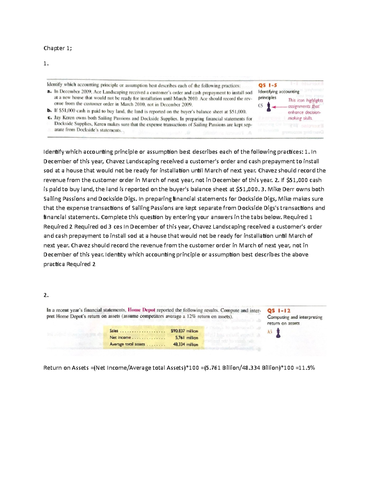 Exercise - tsasassdva - Chapter 1; 1. Identify which accounting principle or assumption best ...