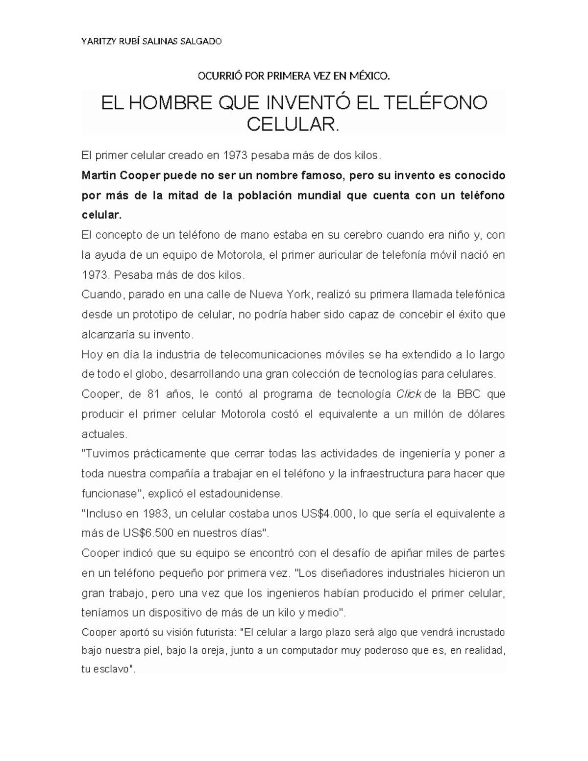 Investigacion Primer Celular - YARITZY RUBÍ SALINAS SALGADO OCURRIÓ POR ...