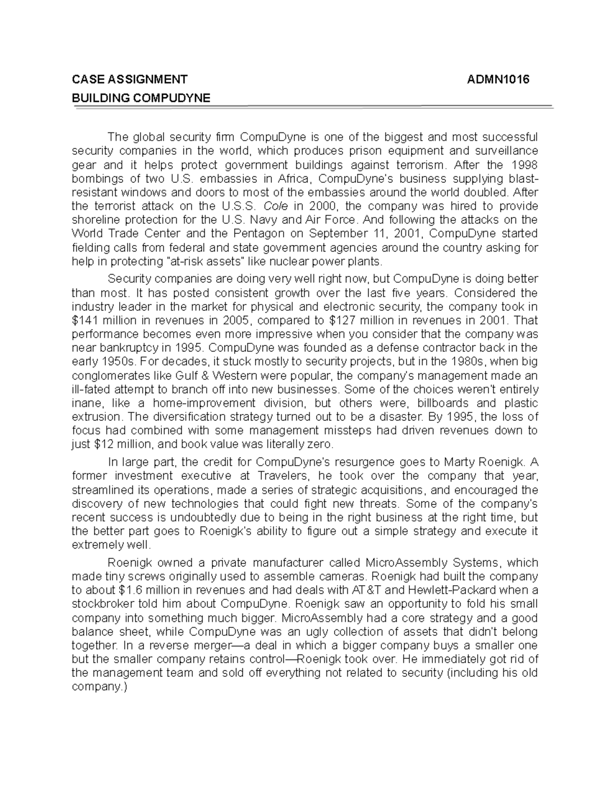 Chapter 6 - Case assignment - CASE ASSIGNMENT ADMN BUILDING COMPUDYNE ...