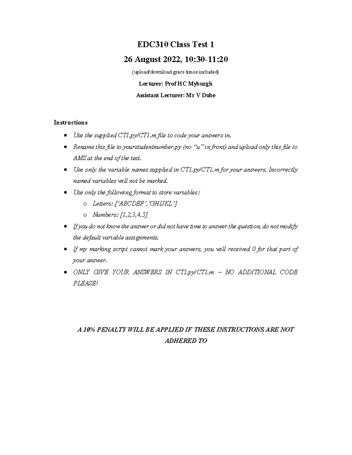 CT1 - Class test 1 on EDC - EDC310 Class Test 1 26 August 2022, 10:30 ...