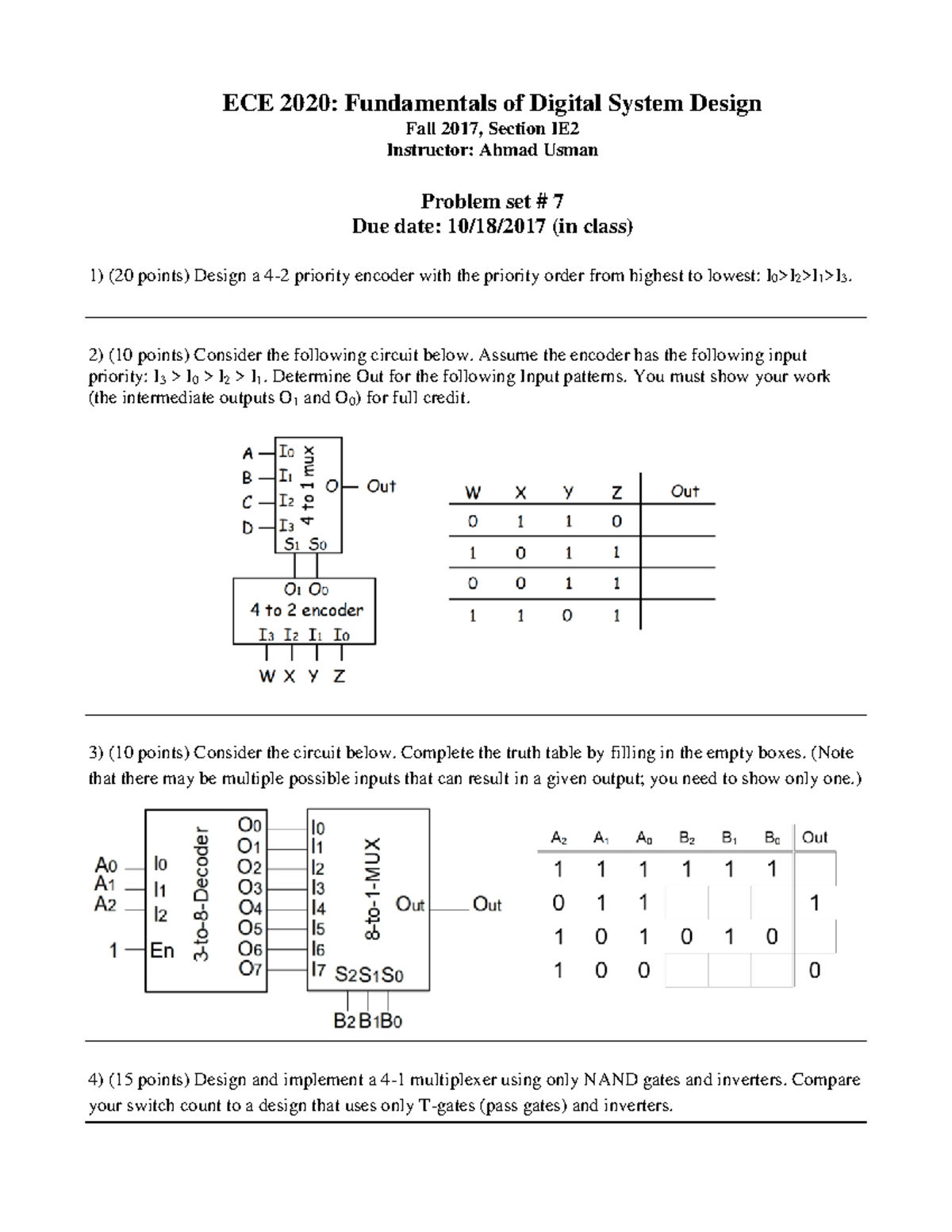 ECE2020 problem set 7 - ECE 2020: Fundamentals of Digital System Design Fall 2017, Section IE ...