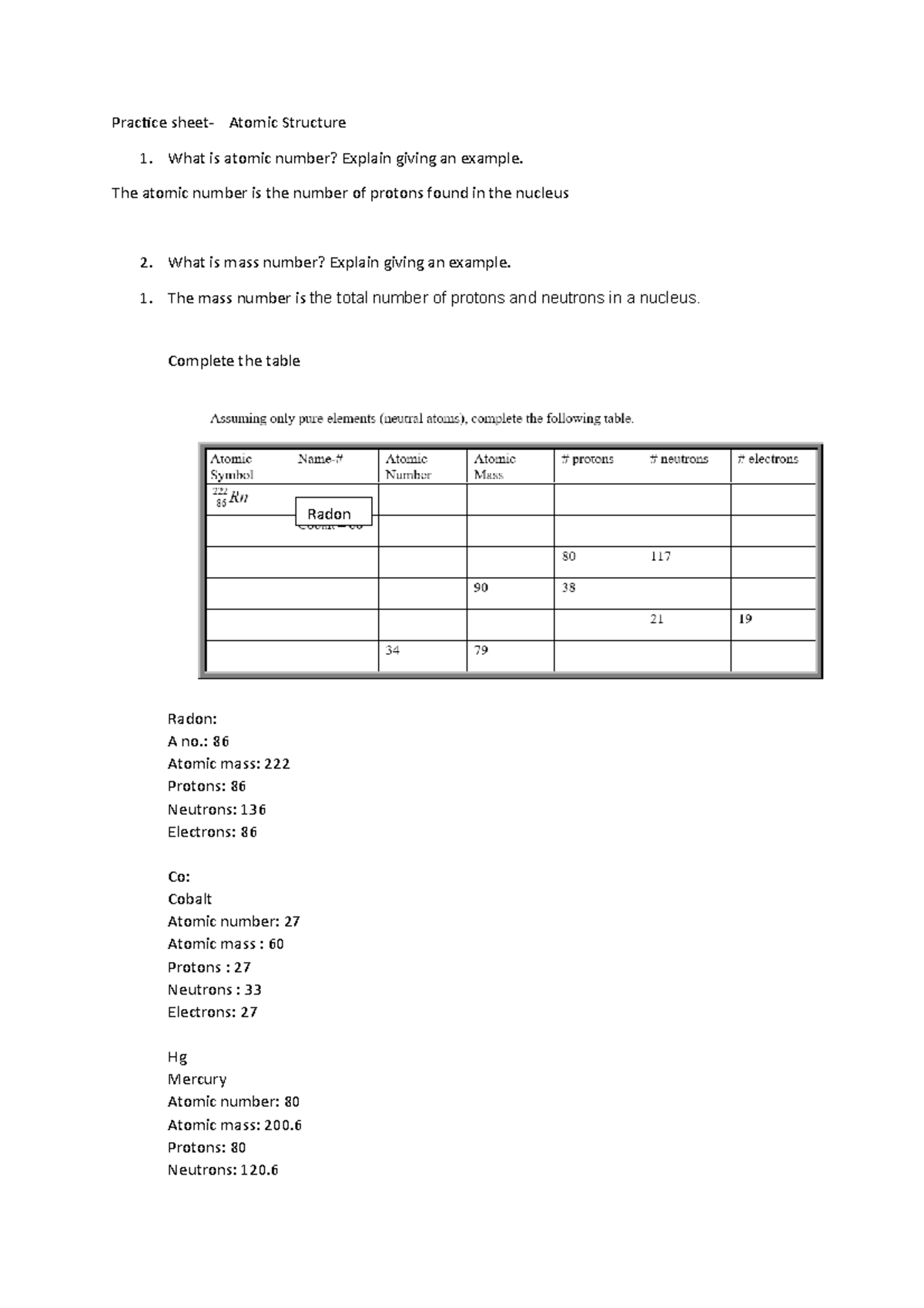 Atomic structure practice sheet - Practice sheet- Atomic Structure What ...