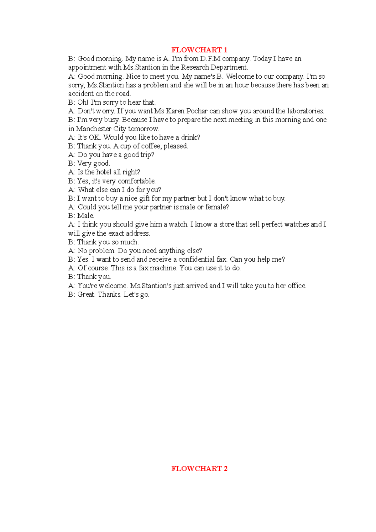 Bản sao TAGT1 - học - FLOWCHART 1 B: Good morning. My name is A. I'm ...