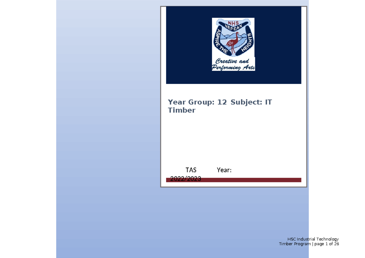 NHS HSC Timber Program - 2023 - ####### HSC Industrial Technology Year ...