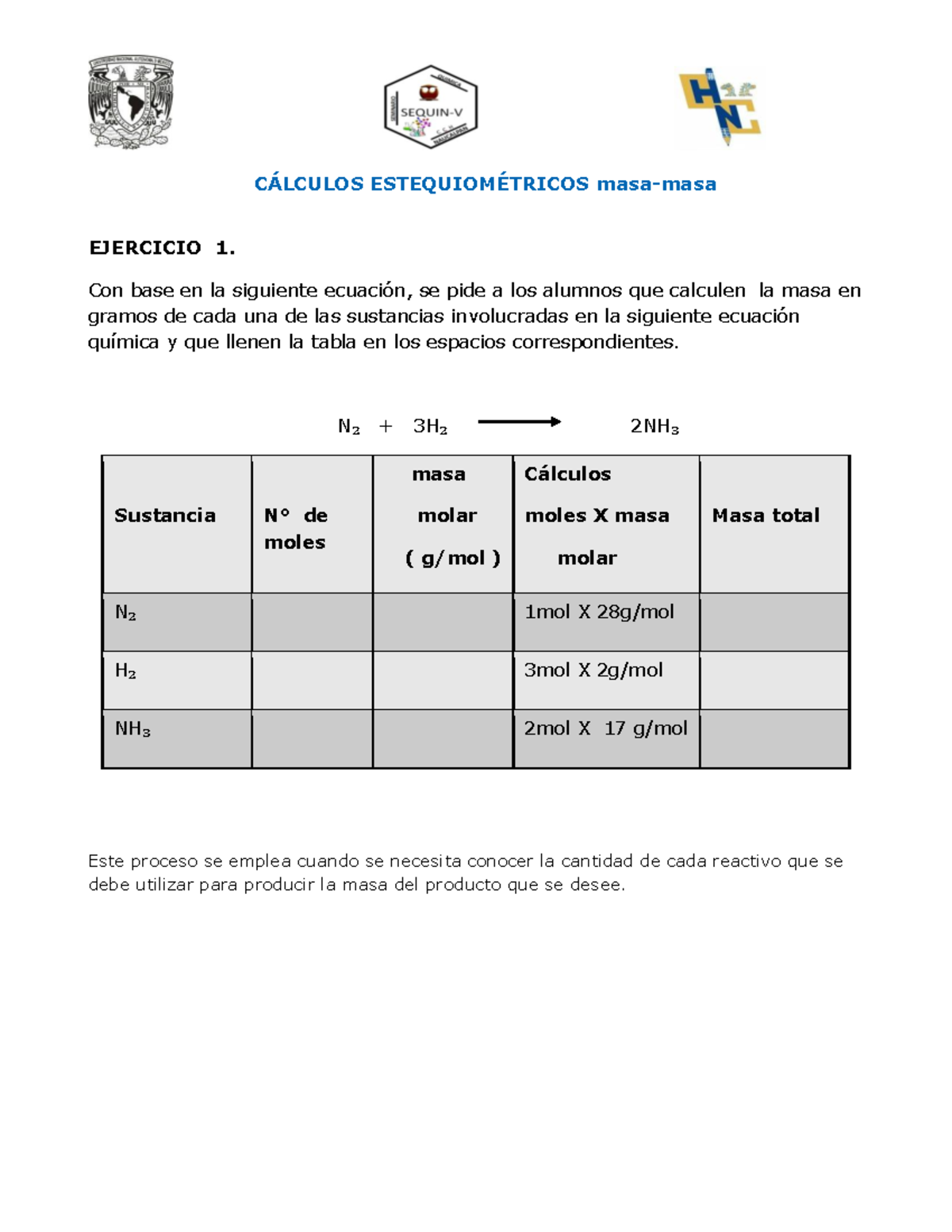 Ejer 1 calc esteq masa masa - CÁLCULOS ESTEQUIOMÉTRICOS masa-masa EJERCICIO 1. Con base en la ...