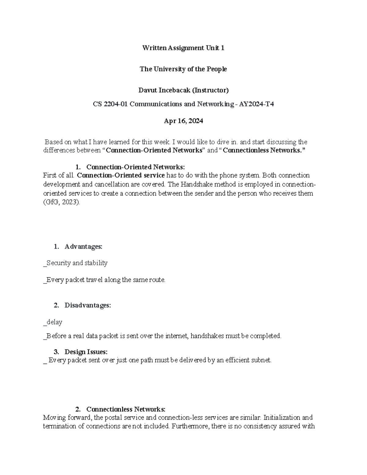 assignment 1-networking 1 - Written Assignment Unit 1 The University of the People Davut ...