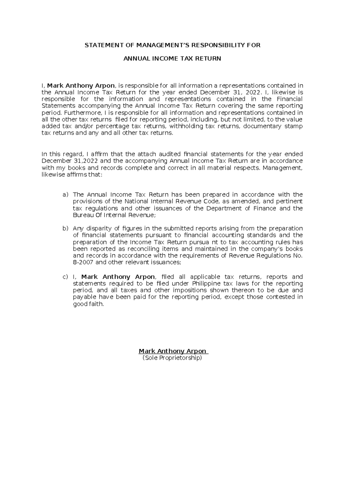 SMR Arpon - AUDIT FINANCIAL STATEMENTS - STATEMENT OF MANAGEMENT’S ...