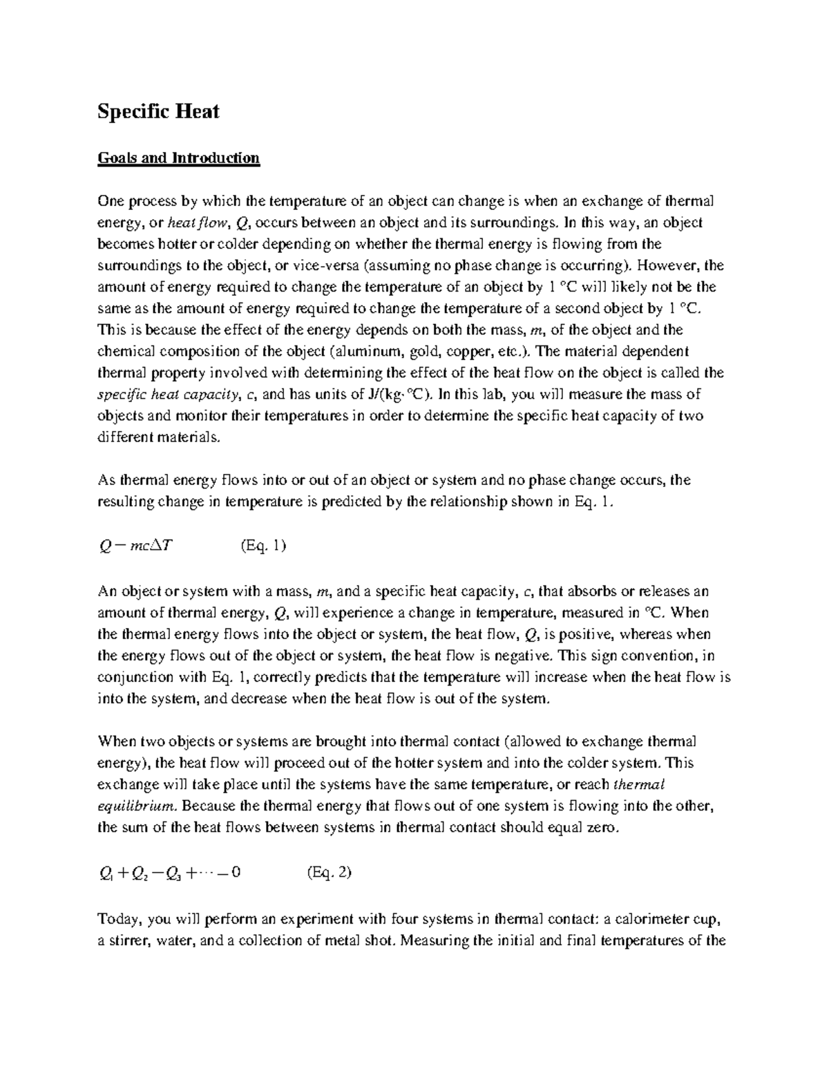Specific Heat - Lab Report - Specific Heat Goals and Introduction One ...