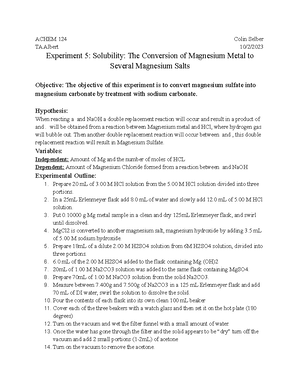 The Conversion of Magnesium Metal to Several Magnesium Salt - Blair ...