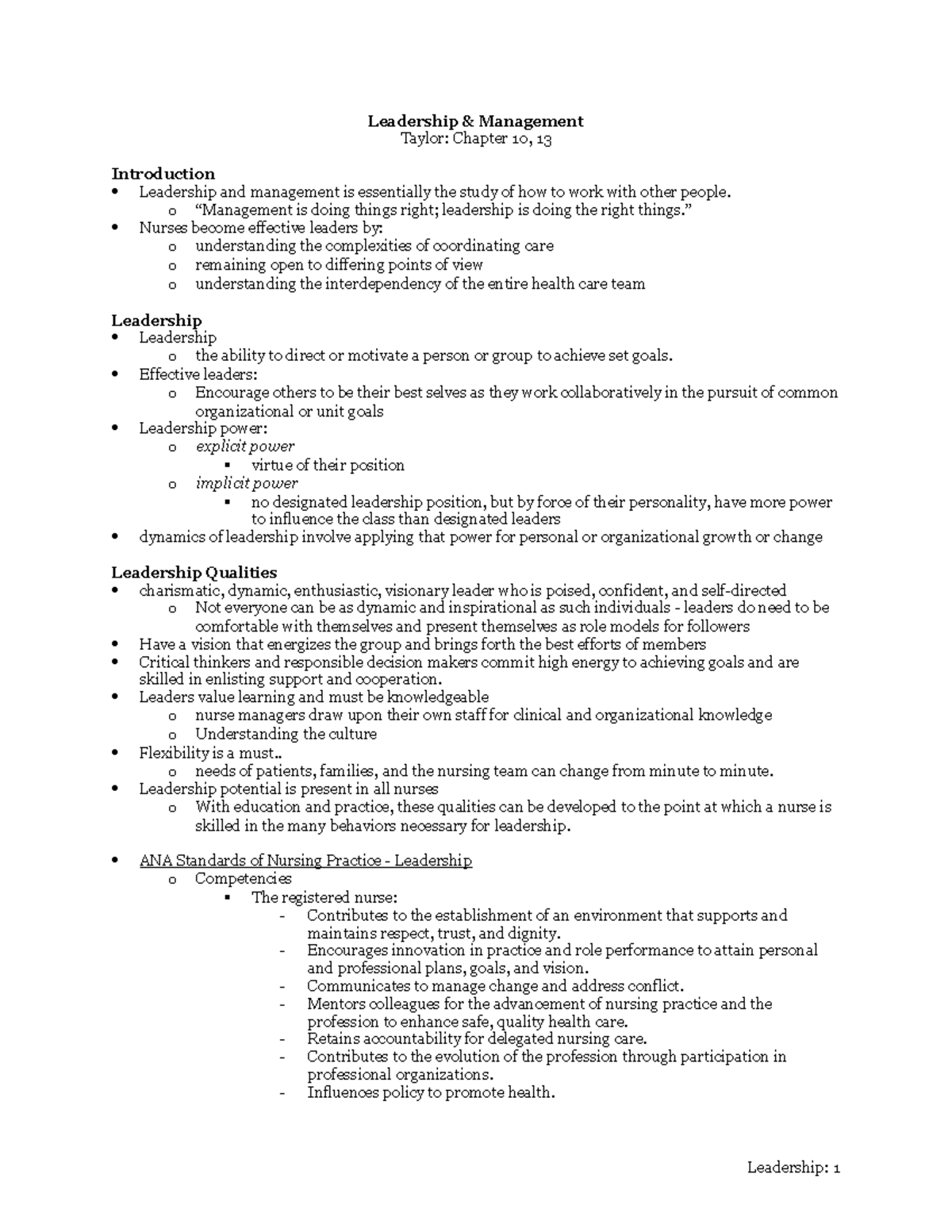 Leadership Outline - Leadership & Management Taylor: Chapter 10, 13 ...