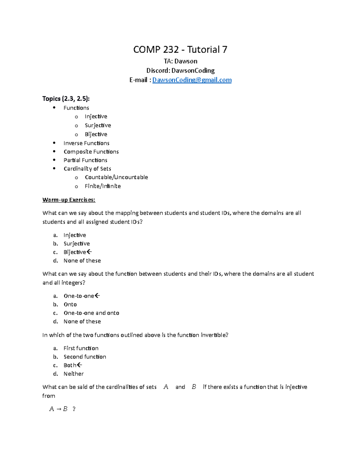 COMP232 Tutorial 07 with Answers - COMP 232 - Tutorial 7 TA: Dawson Discord: DawsonCoding E-mail ...