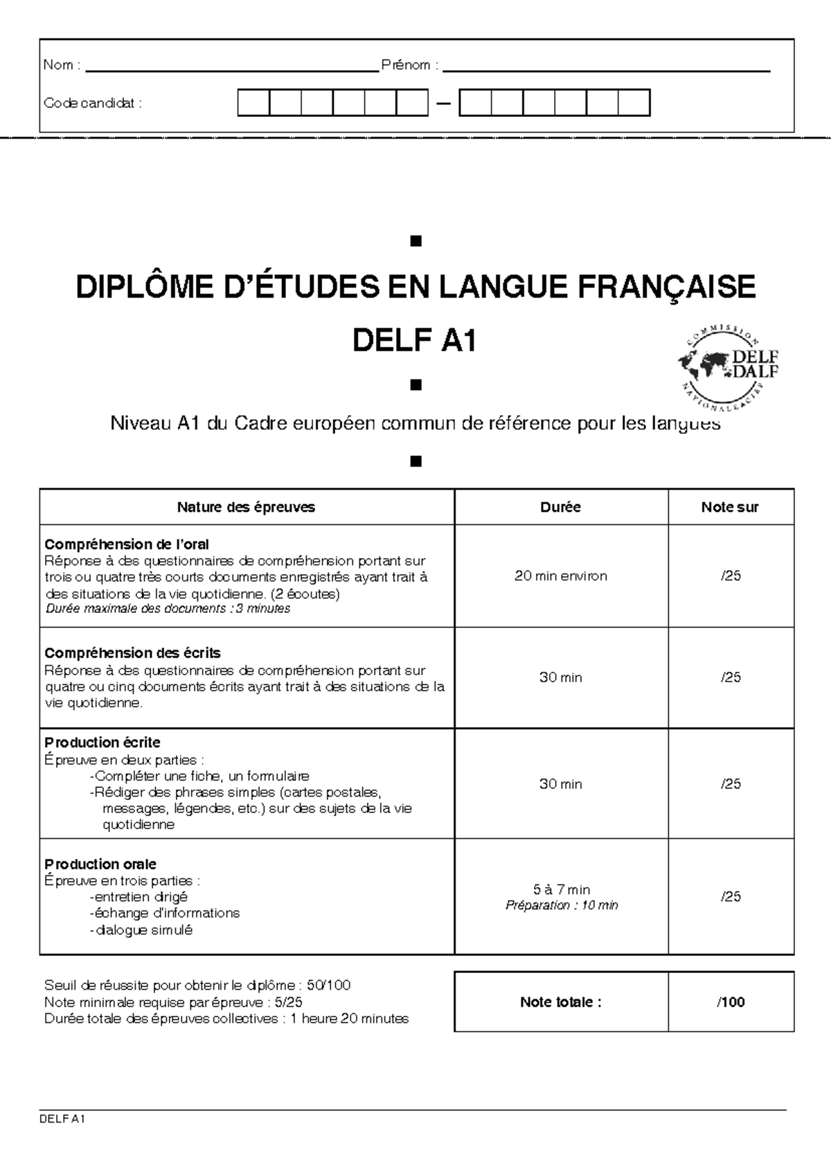 DELF A1 Sample 2 - Course work - Nom : PrÈnom :. Code candidat : ó DIPL‘ME Dí.. EN LANGUE - Studocu