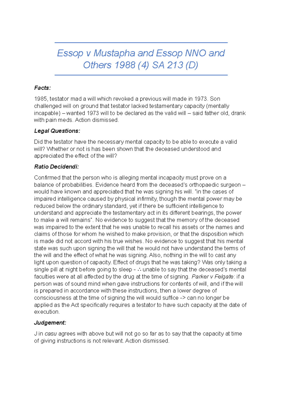Essop v Mustapha and Essop NNO Case Summary - Essop v Mustapha and ...
