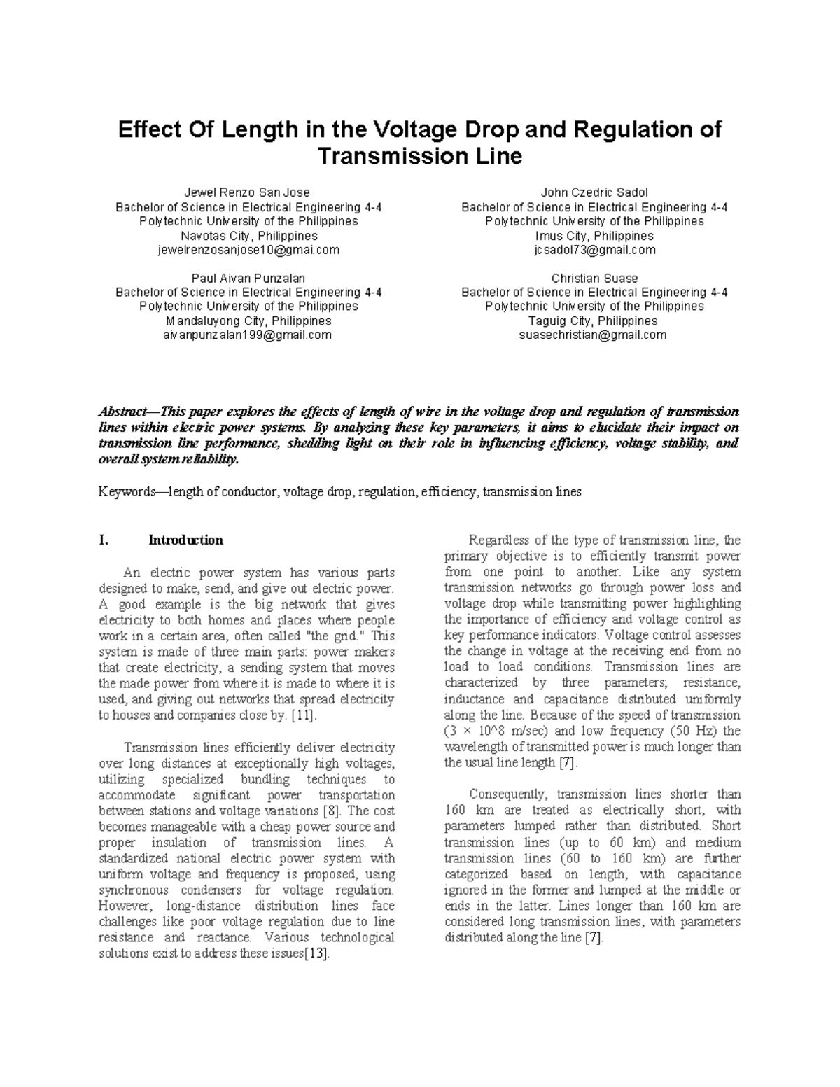 Effect Of Length in the Voltage Drop and Regulation of Transmission Line - By analyzing these ...