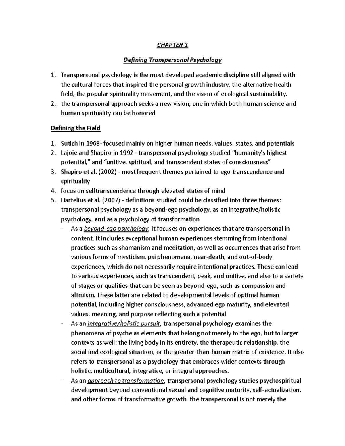 ITP notes - CHAPTER 1 Defining Transpersonal Psychology Transpersonal ...
