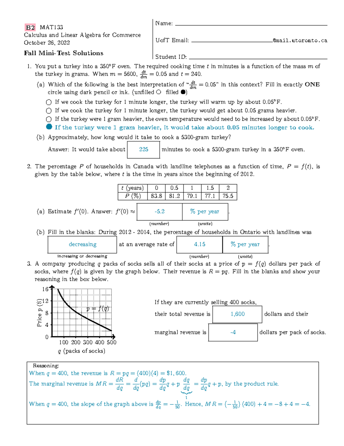 MAT133 fall mini test B2 (with solutions) - B2 MAT Calculus and Linear ...