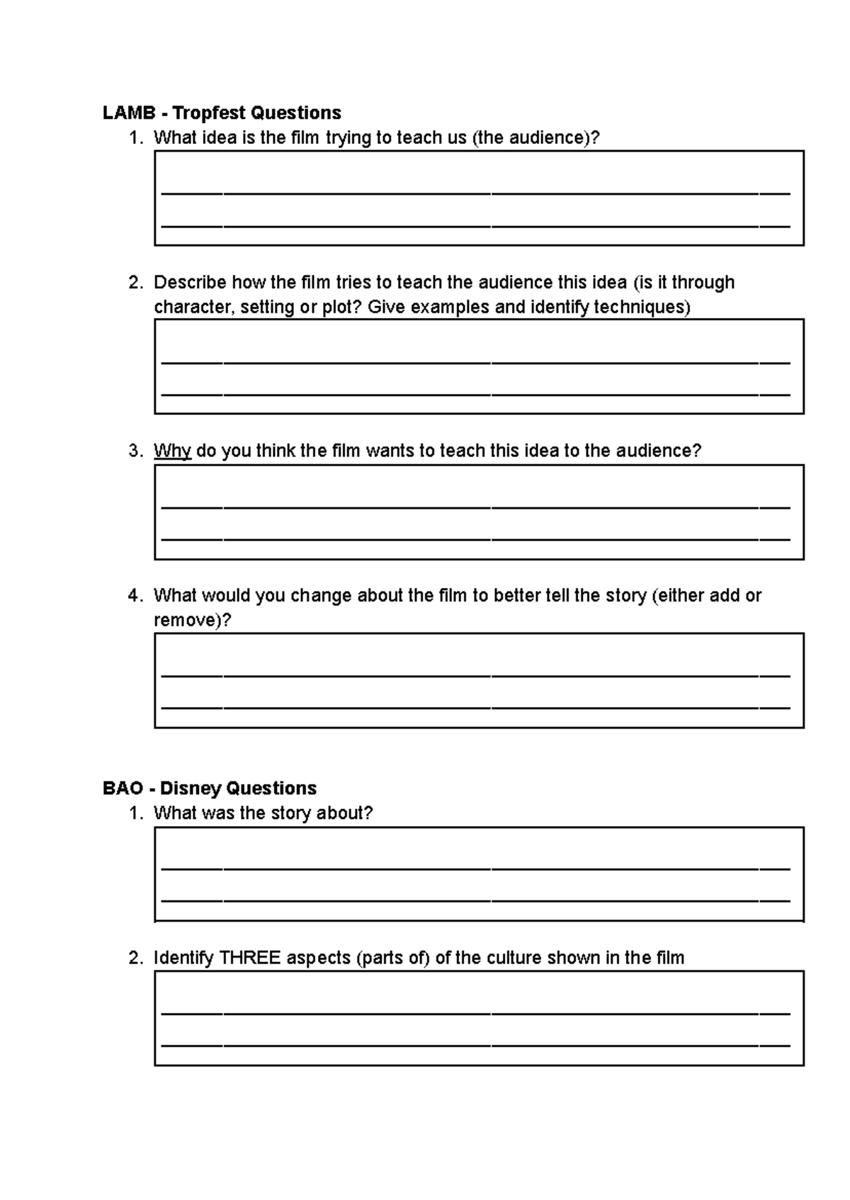 LAMB and BAO Questions - LAMB - Tropfest Questions 1. What idea is the ...