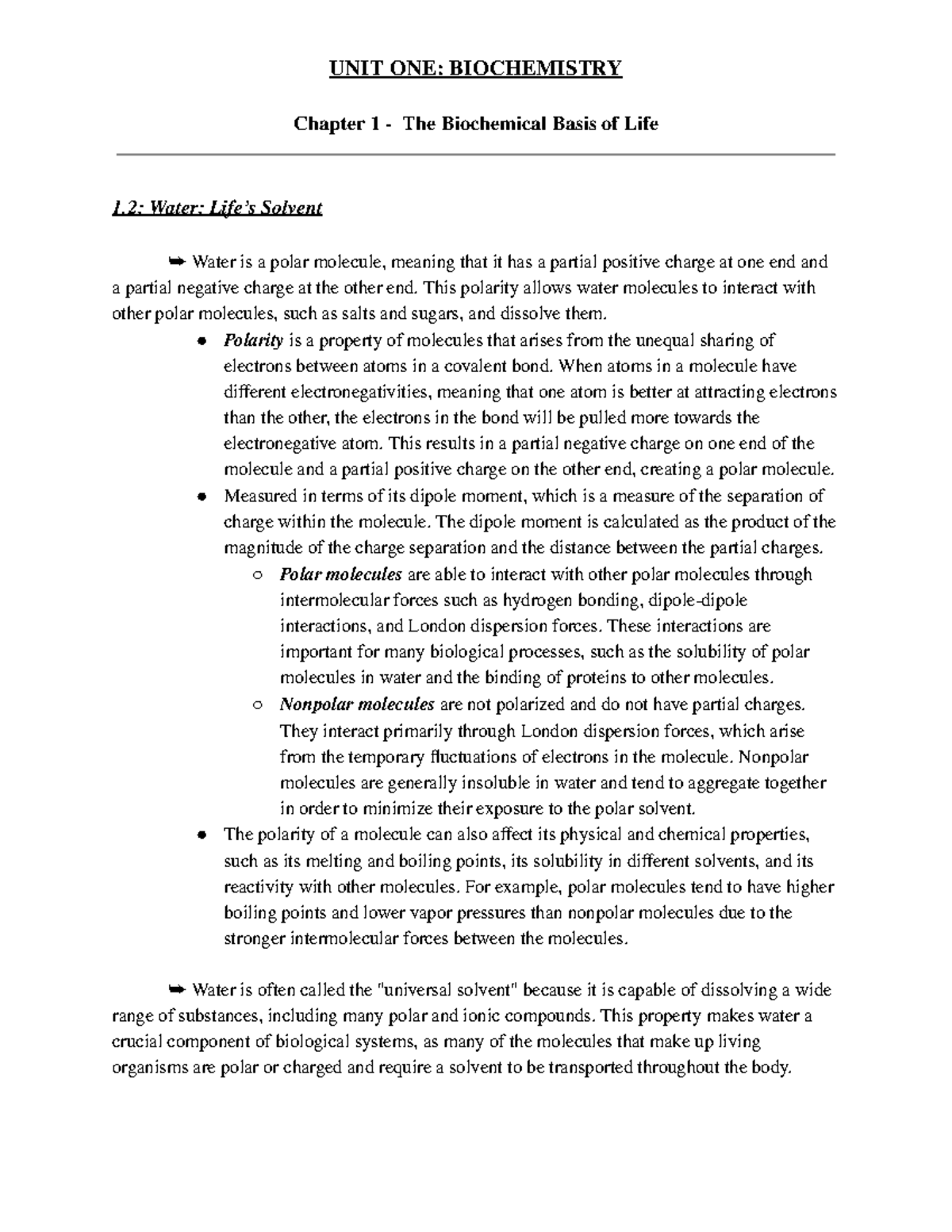 Biochemistry Chapter 1 Section 2 - UNIT ONE: BIOCHEMISTRY Chapter 1 ...