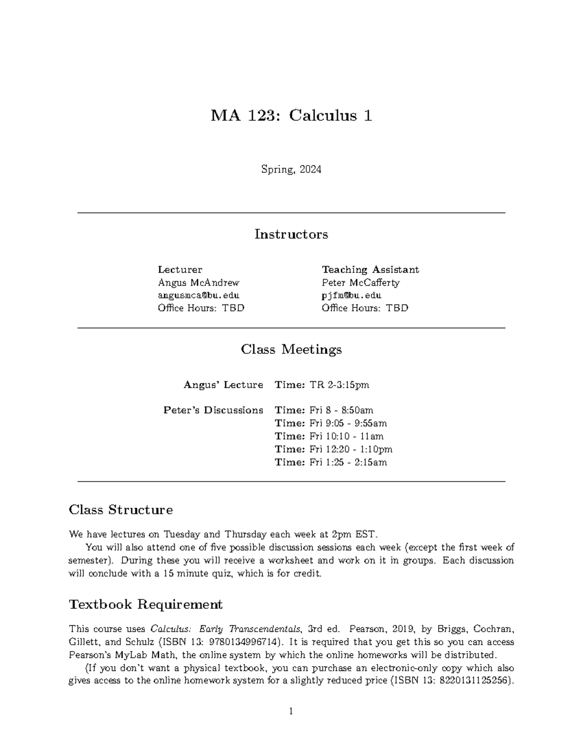 MA123 Syllabus 2024 Spring - MA 123: Calculus 1 Spring, 2024 Instructors Lecturer Teaching ...