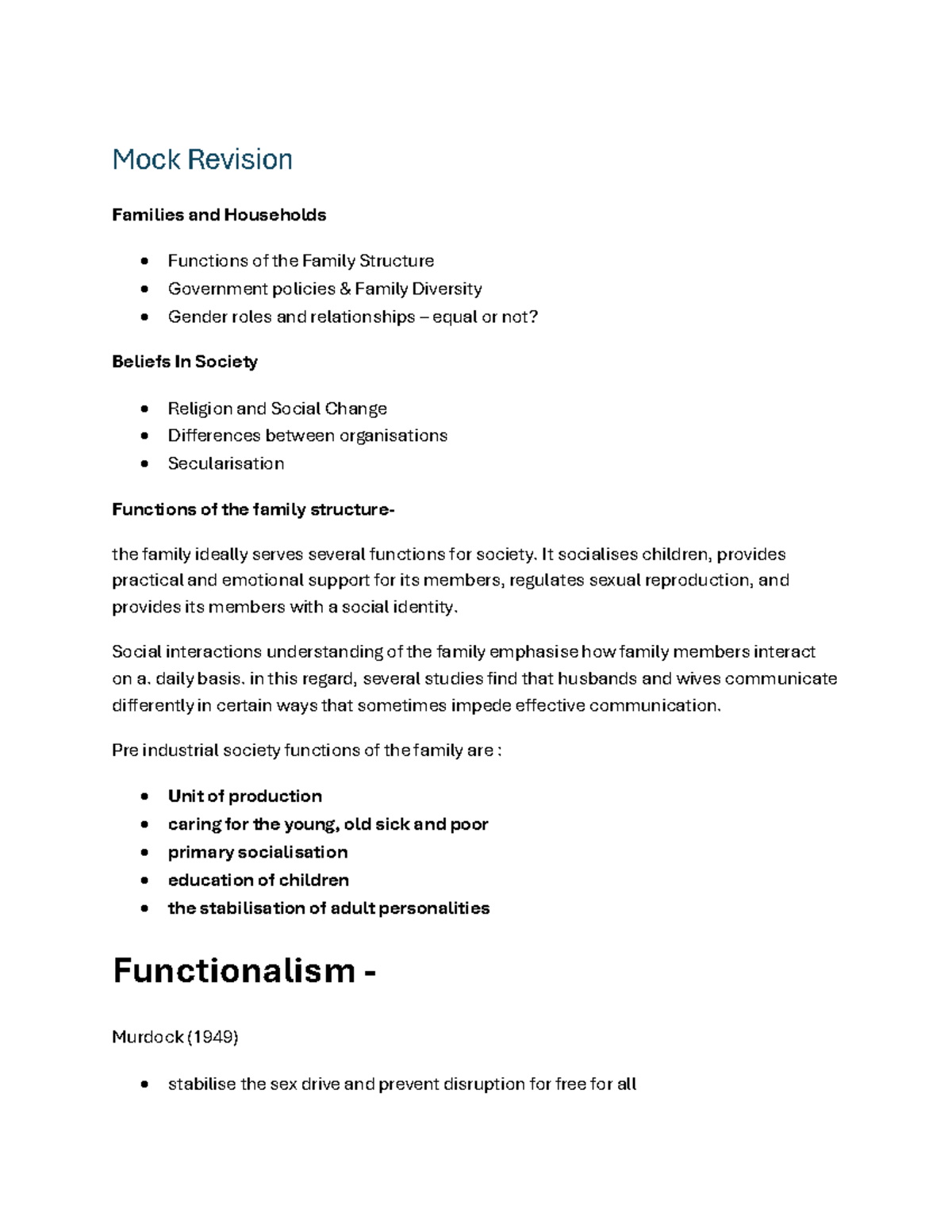 Sociology Revision - Notes for paper 1 - Mock Revision Families and ...