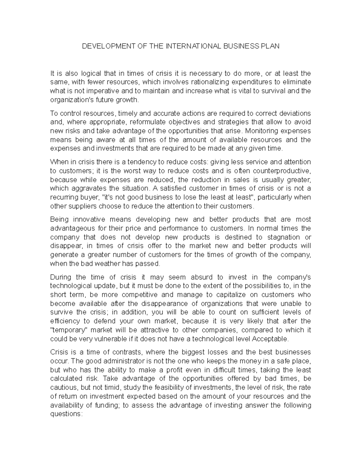 Development OF THE International Business PLAN - DEVELOPMENT OF THE ...