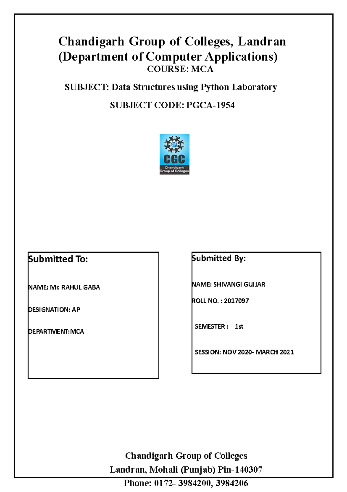 Data structure file - Submitted To: NAME: Mr. RAHUL GABA DESIGNATION ...
