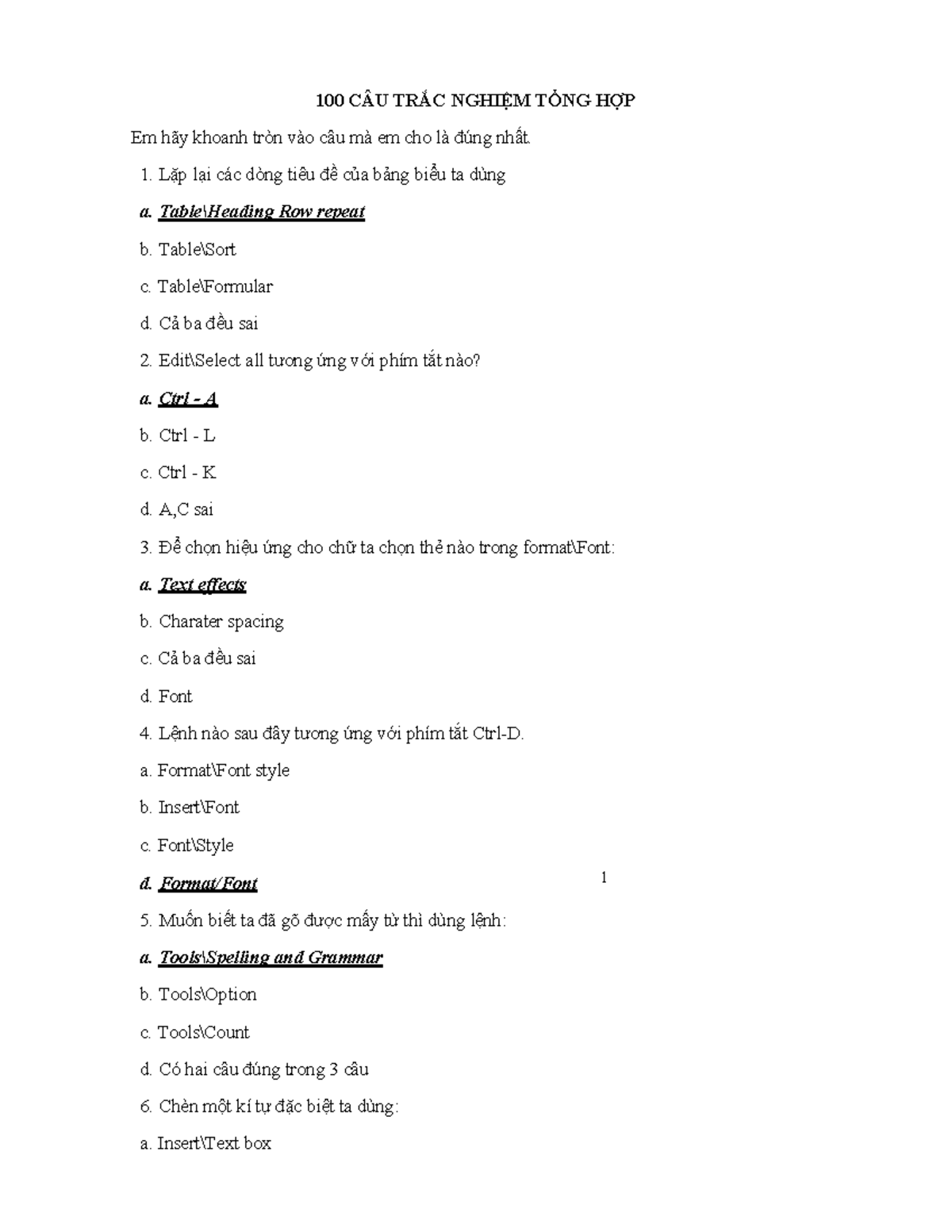 100 cau hoi trac nghiem tin hoc van phong - 100 CÂU TRẮC NGHIỆM TỔNG HỢP Em hãy khoanh tròn vào ...