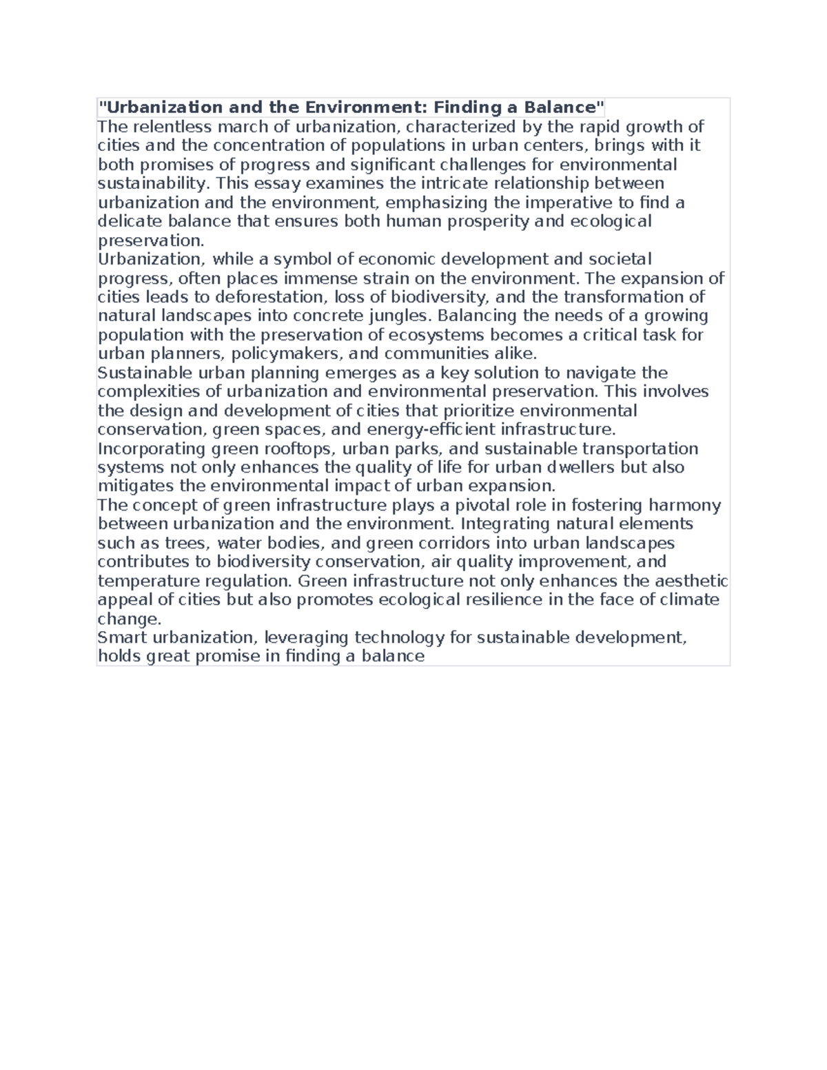 the global urbanization - "Urbanization and the Environment: Finding a ...