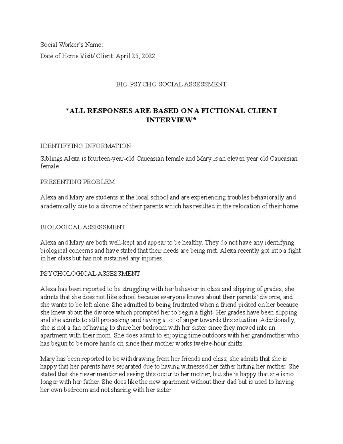 SW 361 Client 6 Assignment - Social Worker’s Name: Date of Home Visit ...