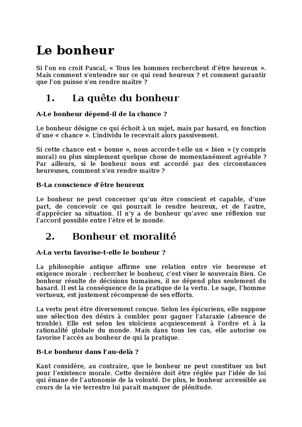 Le bonheur - Le bonheur Si l’on en croit Pascal, « Tous les hommes ...