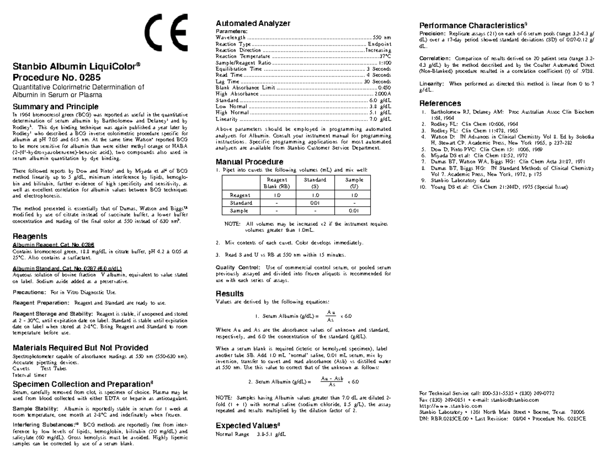 Stanbio Albumin - Product Insert - Performance Characteristics 9 ...