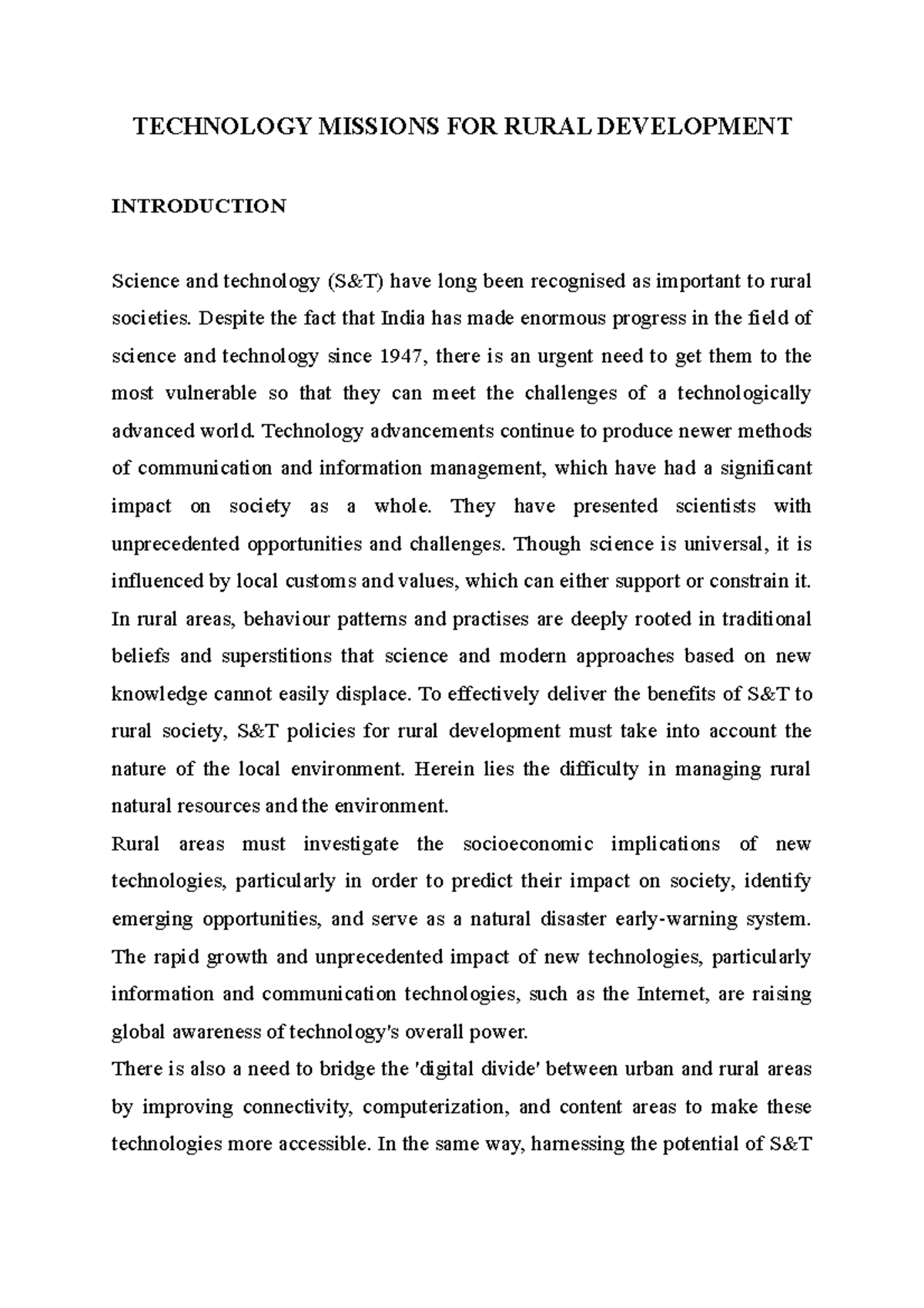 Technology Missions for Rural Development - TECHNOLOGY MISSIONS FOR ...