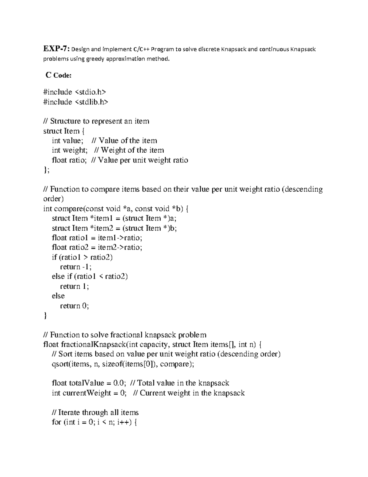 Exp 7 Fractional Knapsack Using C Exp 7 Design And Implement Cc Program To Solve