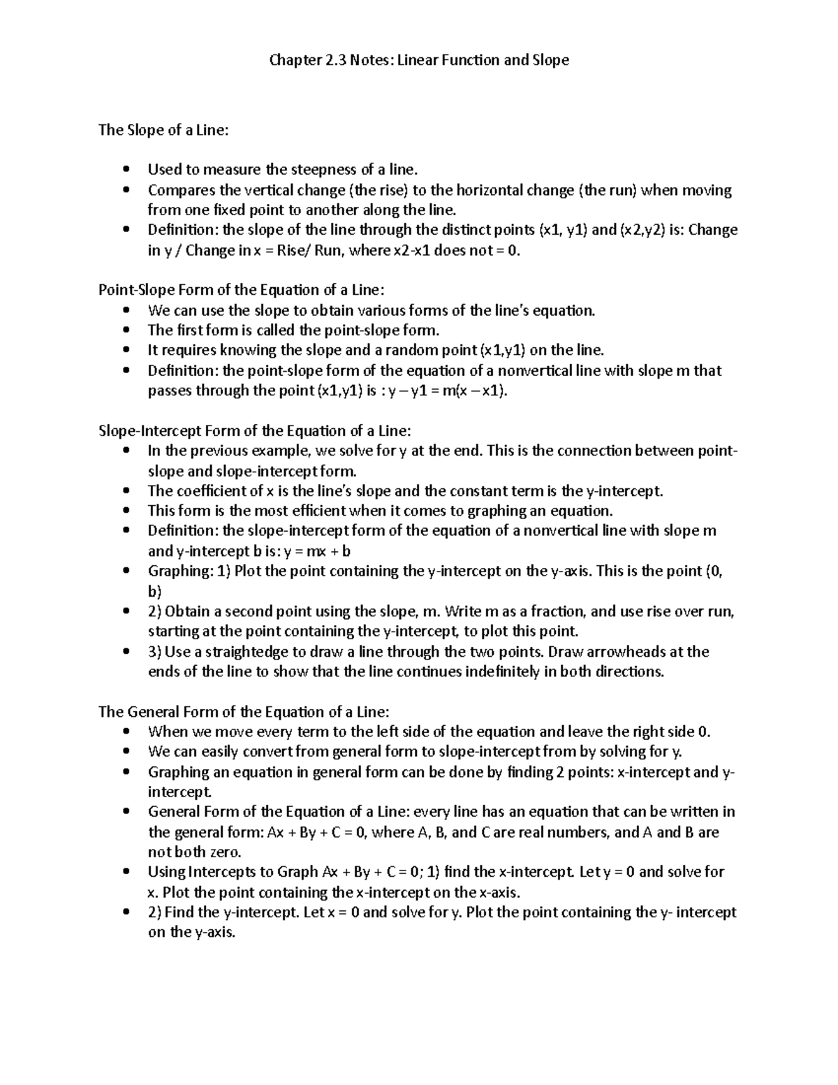 Chapter 2 3 Notes Chapter 2 Notes Linear Function And Slope The