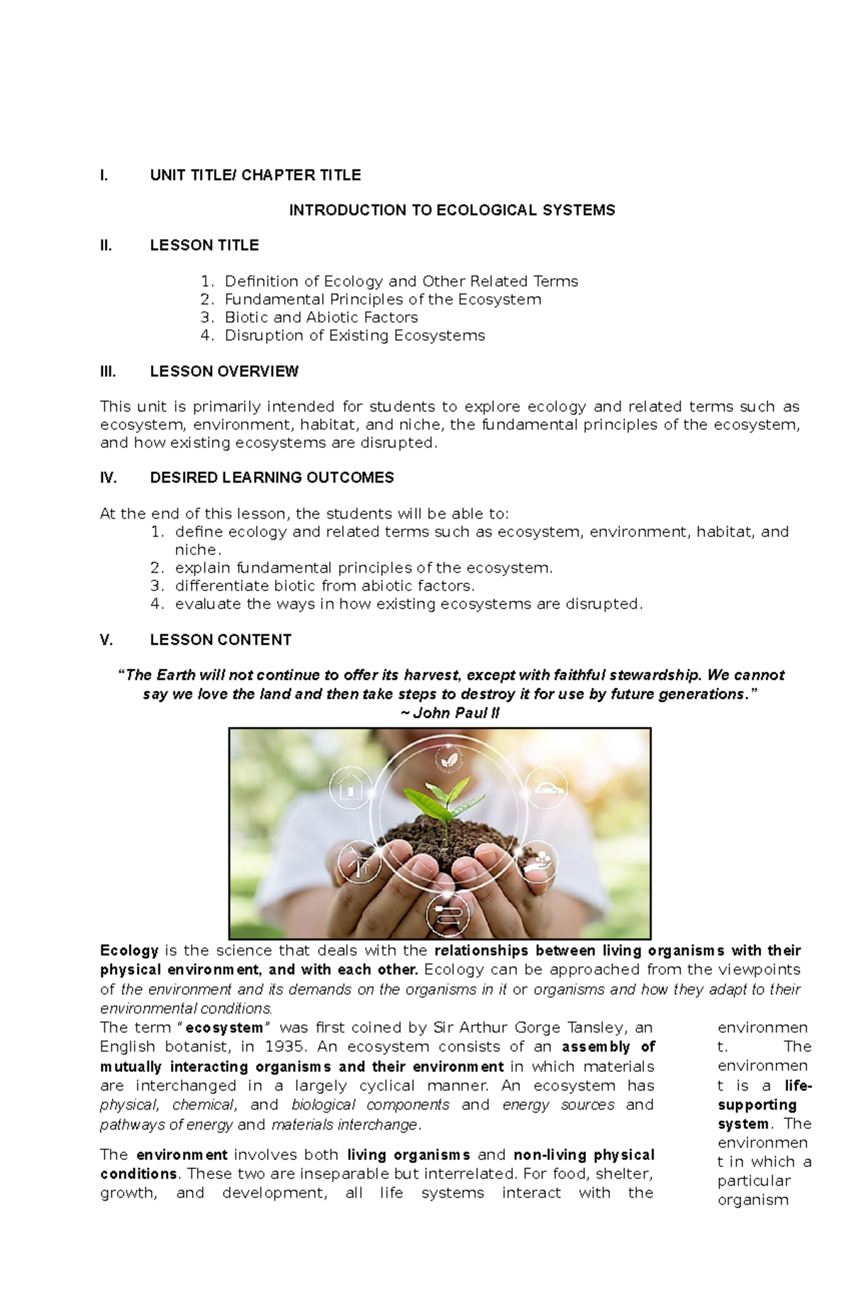 peoples ecosystem Chapter 1 Introduction TO Ecological Systems - I ...