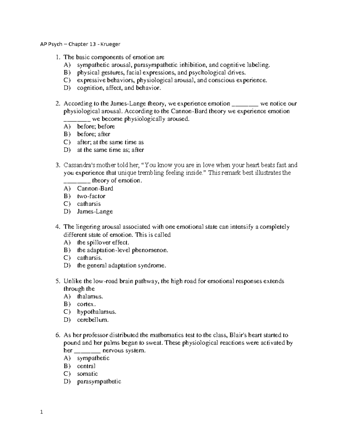 Ch 13 Quiz NO answers 2020 - AP Psych – Chapter 13 - Krueger 1. The ...