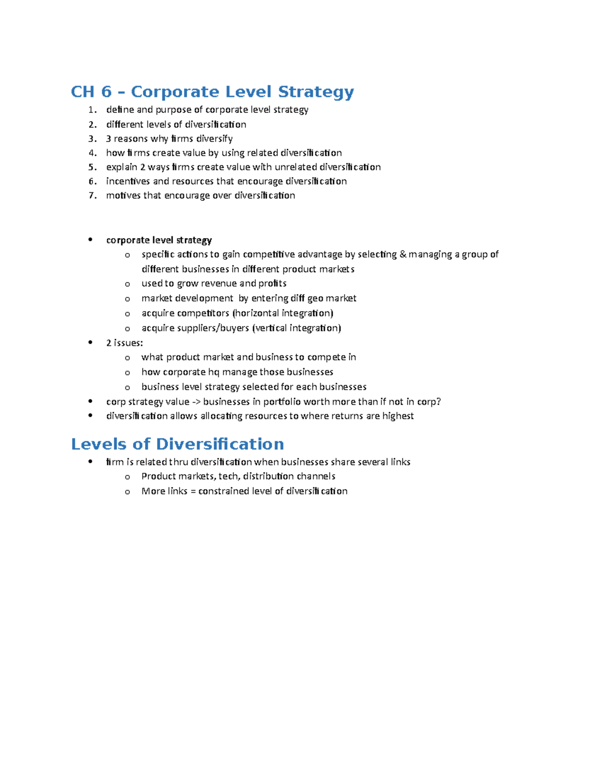 CH 6 - Corporate Level Strategy - 2. 3. 4. 5. 6. 7. define and purpose ...