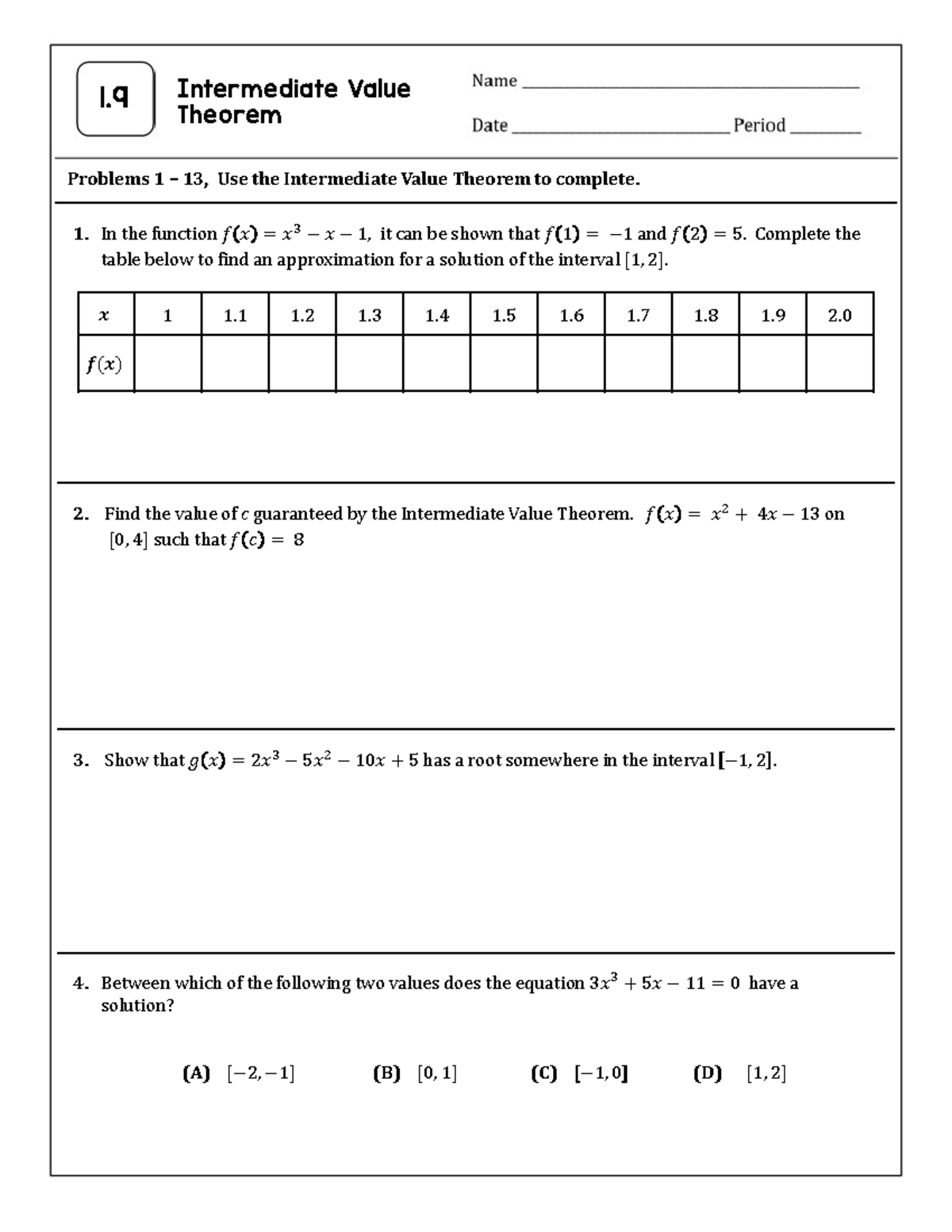 Practice 1.9-Intermediate Value Theorem - 1 Intermediate Value Theorem ...