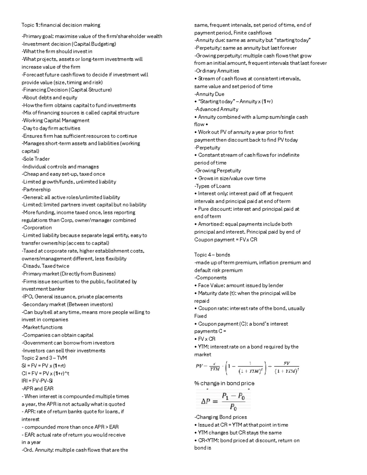 BSNS114 - midtern cheat sheet - Topic 1: financial decision making ...