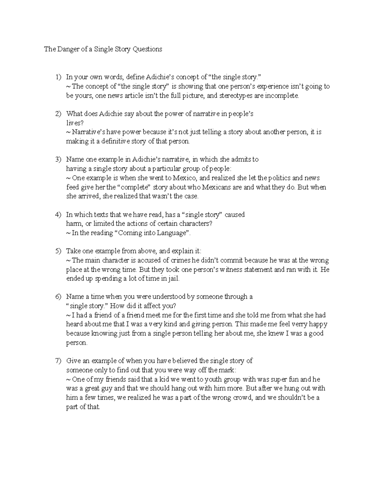 The Danger of a Single Story Questions - ” ~ The concept of “the single ...