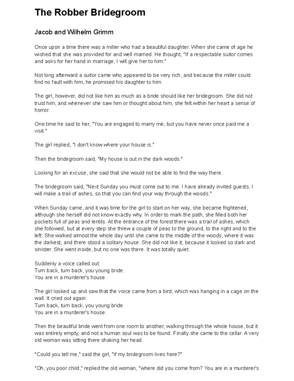 The Robber Bridegroom - Studocu