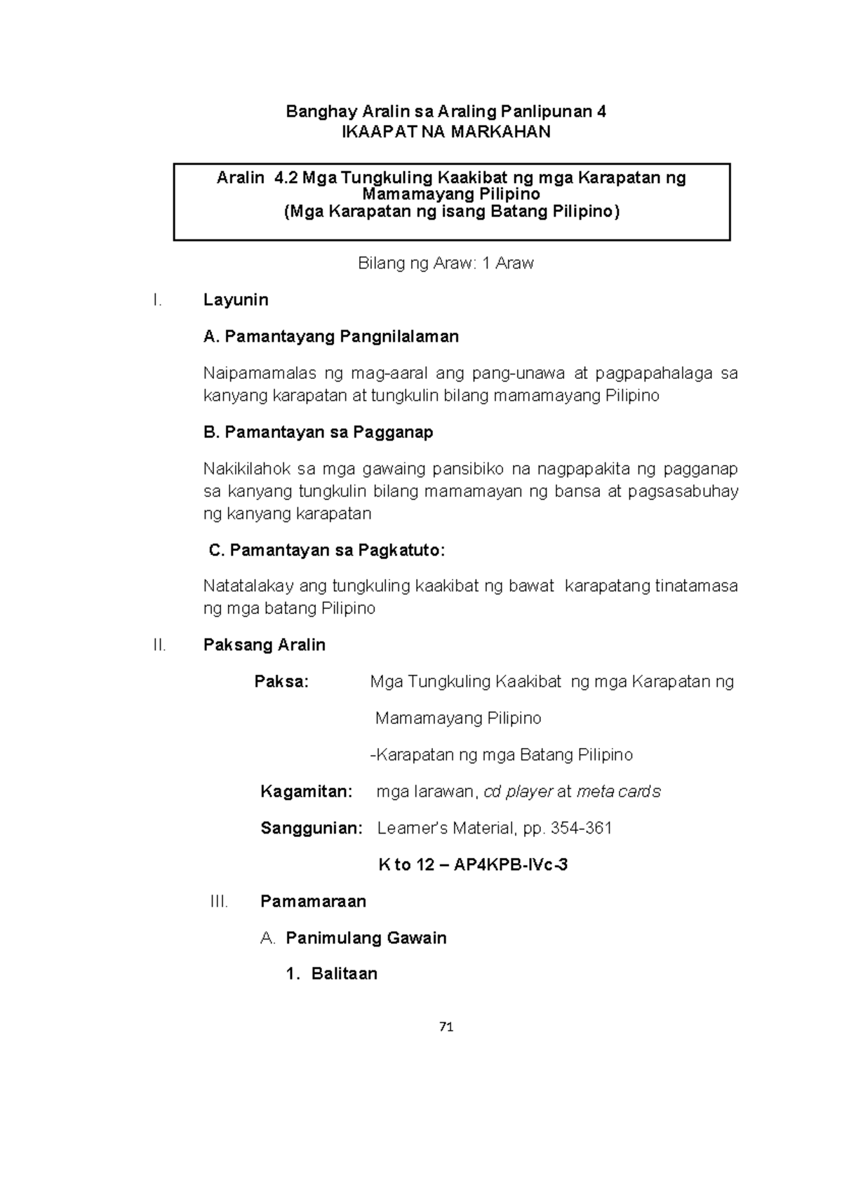 AP LP Aralin 4 - AP6 - Banghay Aralin sa Araling Panlipunan 4 IKAAPAT ...