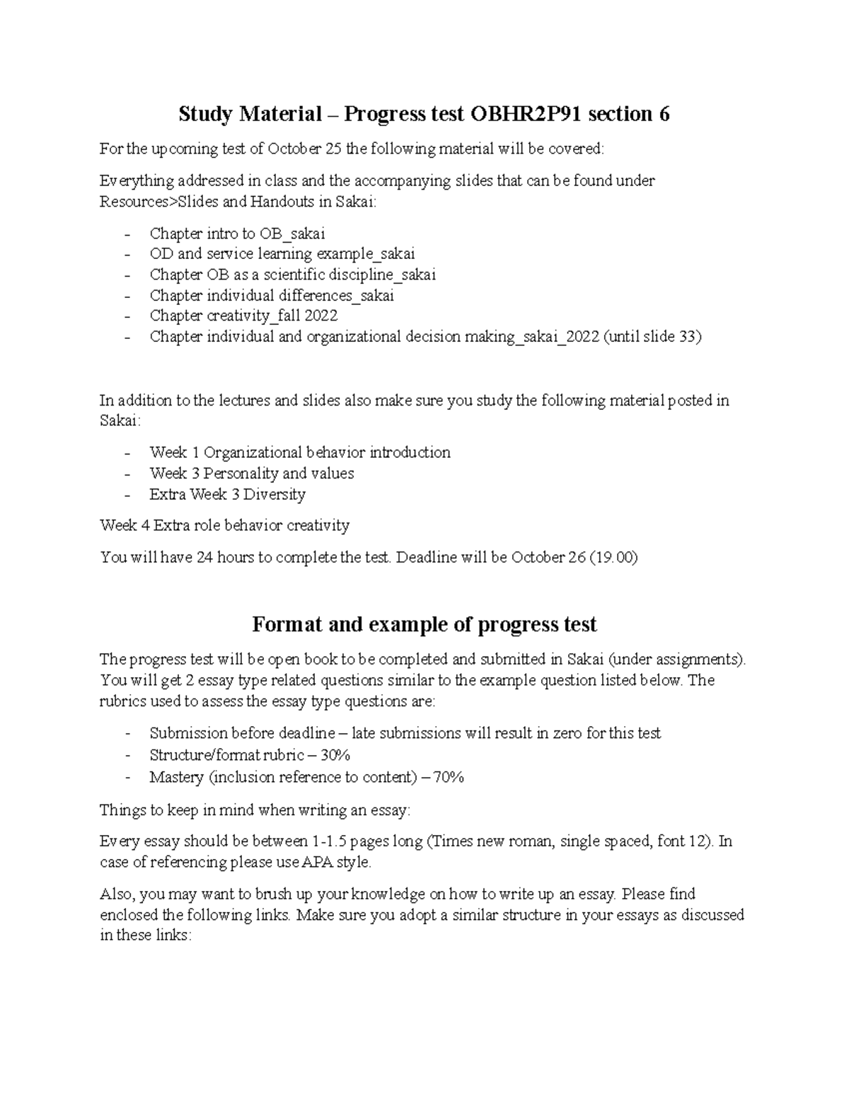 OBHR 2P91 Progress Test 1 Example - Study Material – Progress test ...