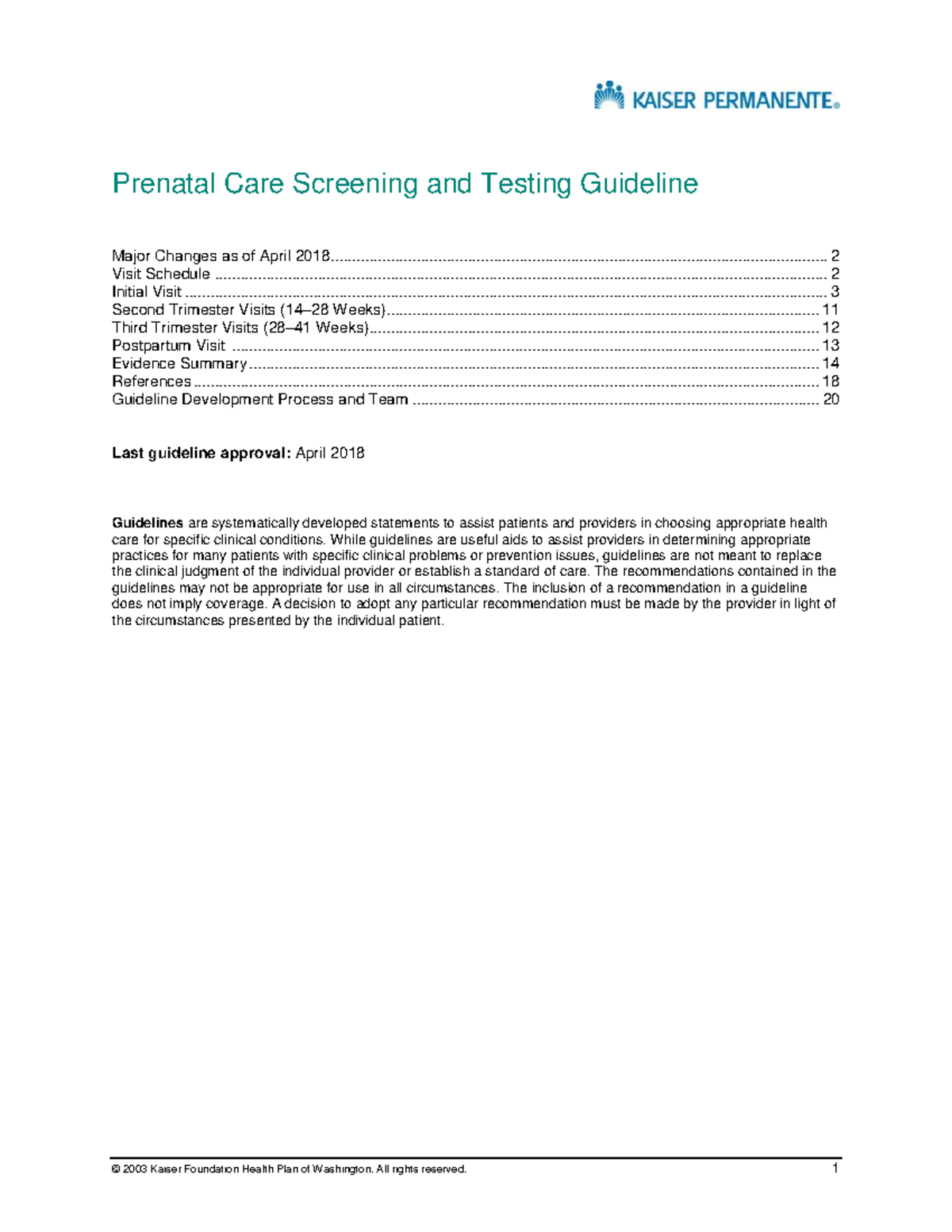 Prenatal guidelines - Prenatal Care Screening and Testing Guideline ...